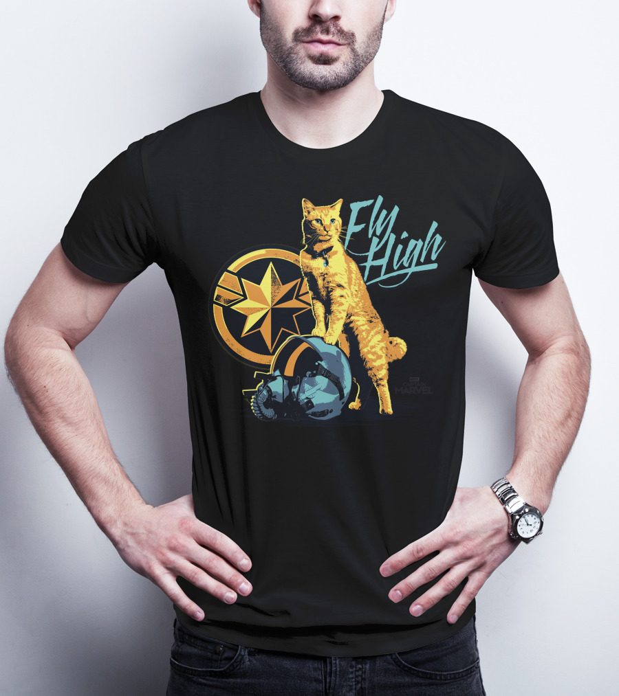 Captain Marvel Symbol Fly High Goose Cat Helmet T-Shirt
