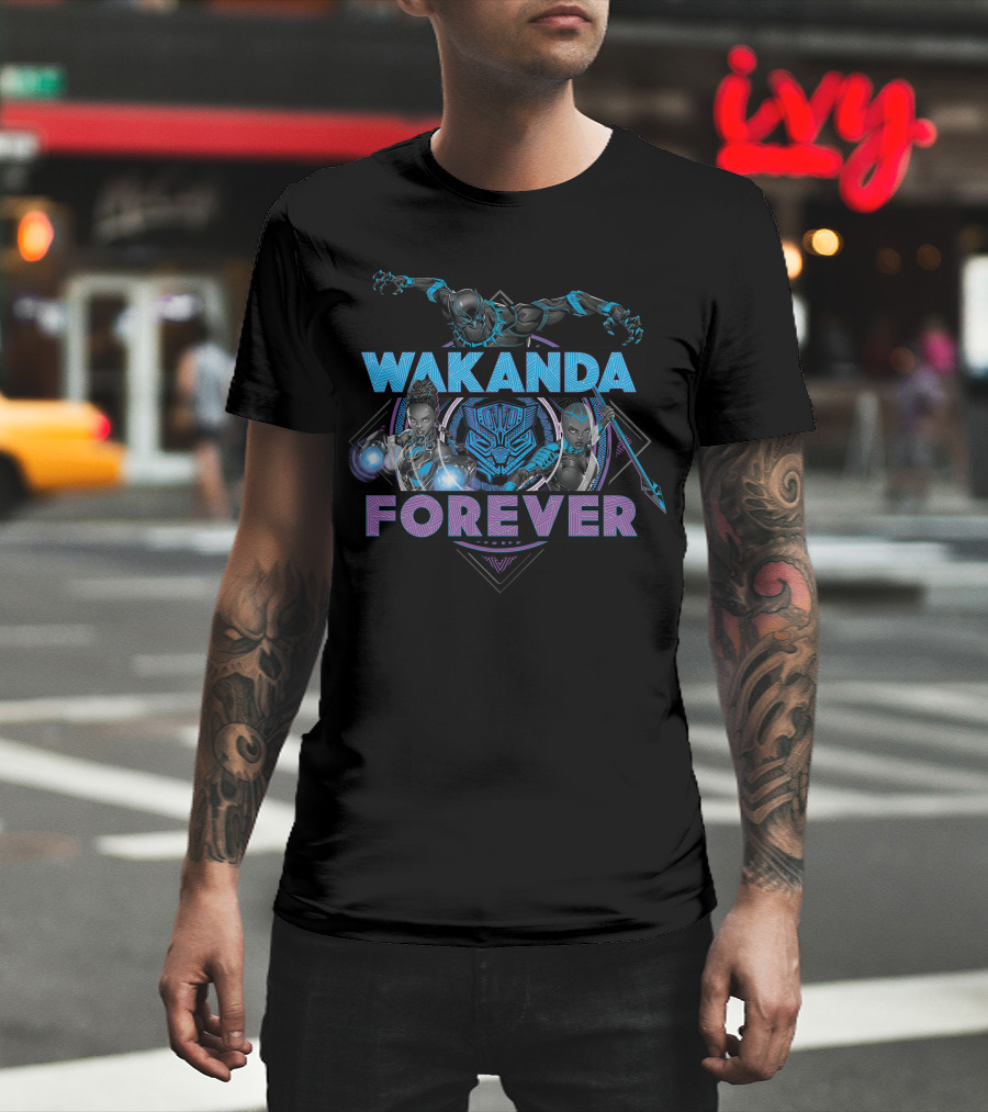 Wakanda Forever Marvel Black Panther Group Shot Blue Purple T-Shirt