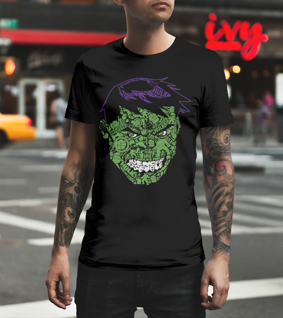 Avengers Assemble Hulk Rage Face With Smash Symbol And Purple Hair Elements T-Shirt