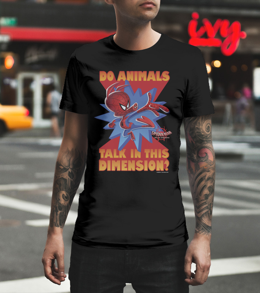 Marvel Spider-Man Into The Spiderverse Do Animals Talk In This Dimension? T-Shirt
