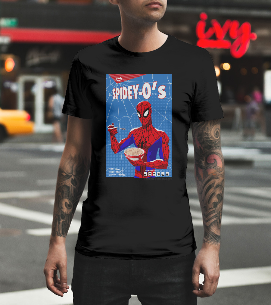 Marvel Spider-Man Spiderverse Spidey-Os Cereal Box Breakfast Comics T-Shirt
