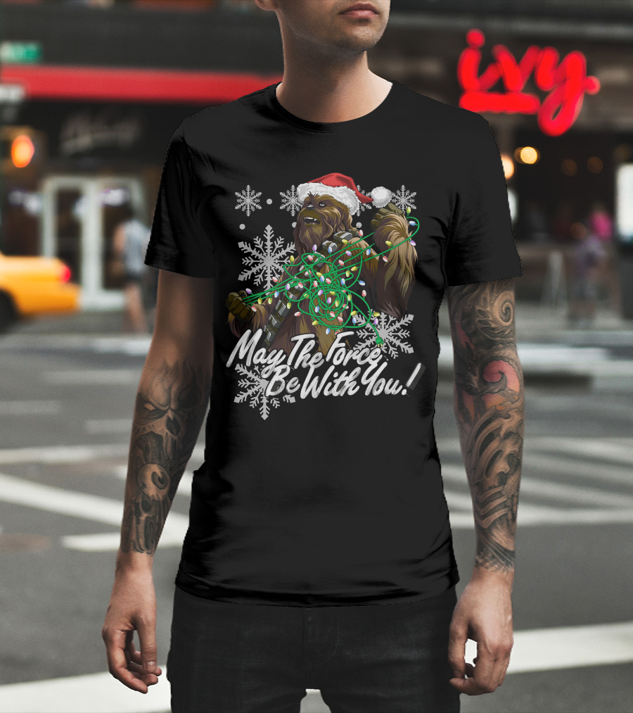 May The Force Be With You Chewbacca Santa Hat Tangled Lights Snowflakes T-Shirt