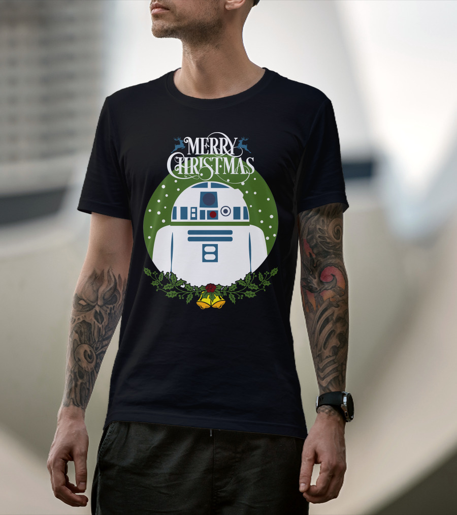 Star Wars R2-D2 Merry Christmas Wreath With Bells And Holly T-Shirt