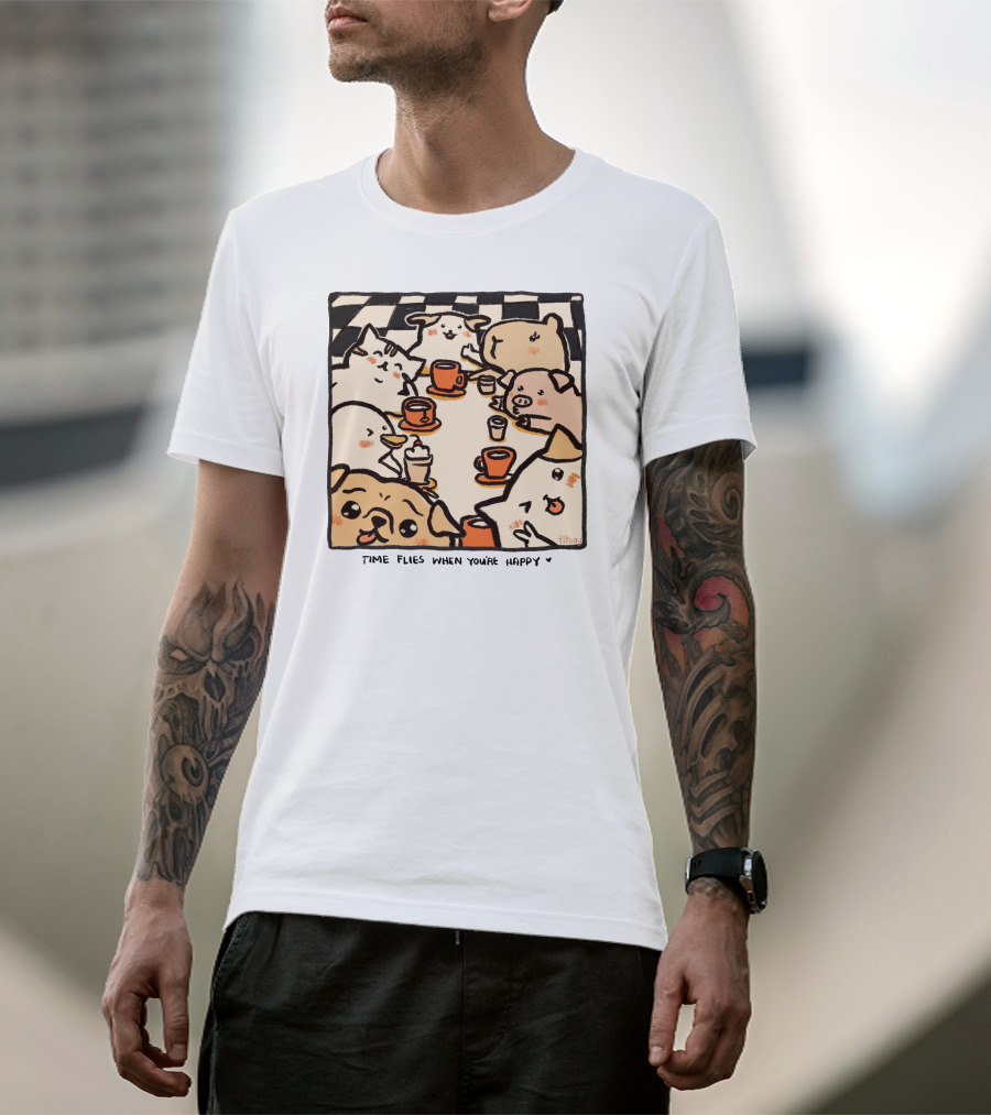 Time Flies When You're Happy With Cute Animals At Coffee Table T-Shirt