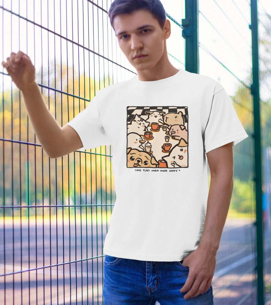 Time Flies When You're Happy With Cute Animals At Coffee Table T-Shirt