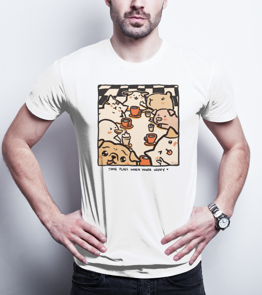 Time Flies When You're Happy With Cute Animals At Coffee Table T-Shirt