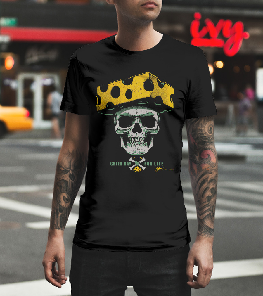 Green Bay For Life Skull Cheesehead T-Shirt
