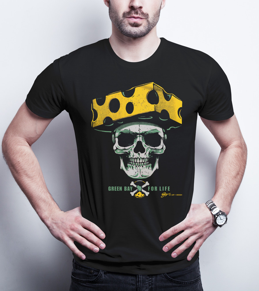 Green Bay For Life Skull Cheesehead T-Shirt