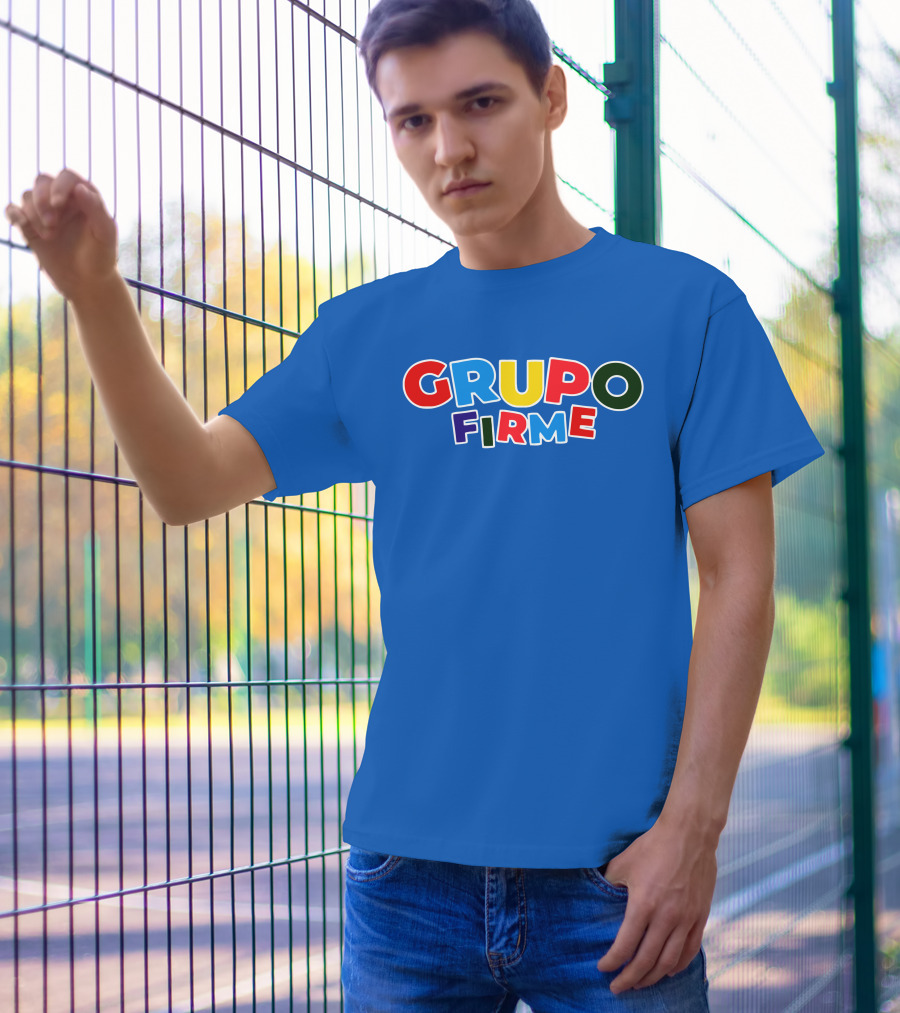 GRUPO FIRME Merch Bold Colorful Text On Blue T-Shirt