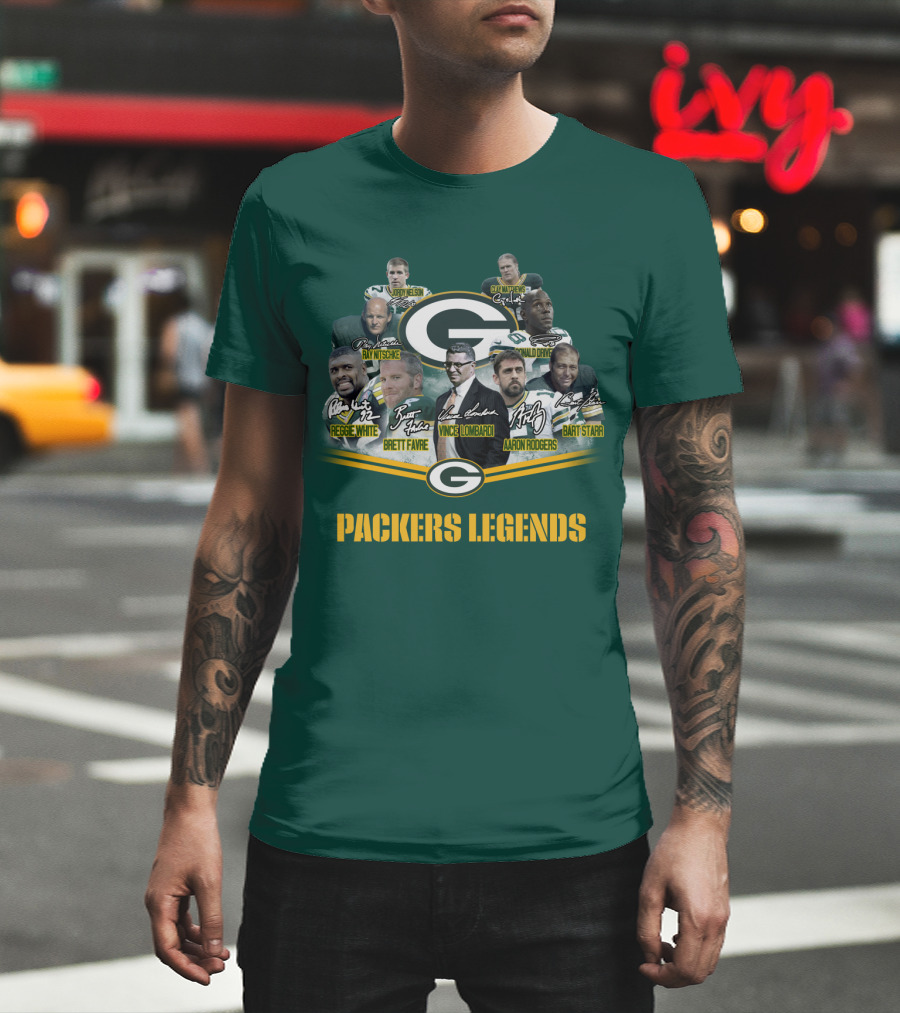 Packers Legends Vince Lombardi Reggie White Brett Favre Aaron Rodgers Ray Nitschke Bart Starr Curly Lambeau Paul Hornung T-Shirt