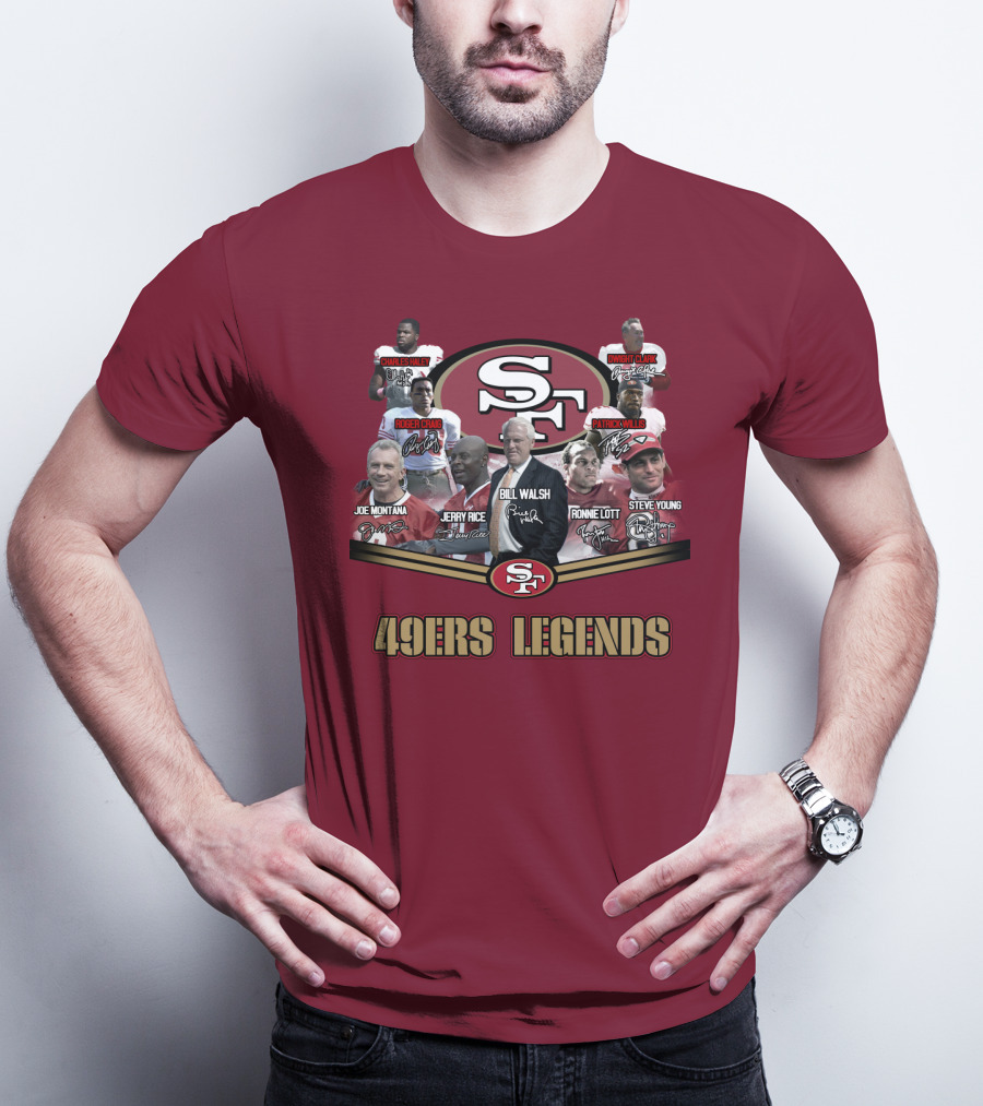 49ers Legends Joe Montana Jerry Rice Ronnie Lott Steve Young Charles Haley Roger Craig Dwight Clark Patrick Willis Bill Walsh T-Shirt