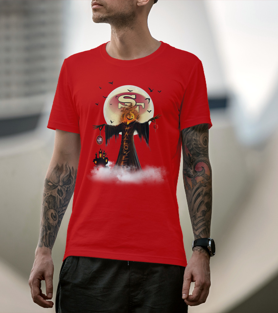 Halloween Scarecrow With Sf Logo And Haunted Castle T-Shirt