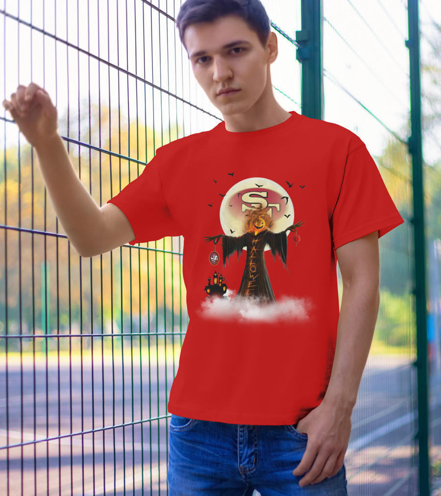 Halloween Scarecrow With Sf Logo And Haunted Castle T-Shirt