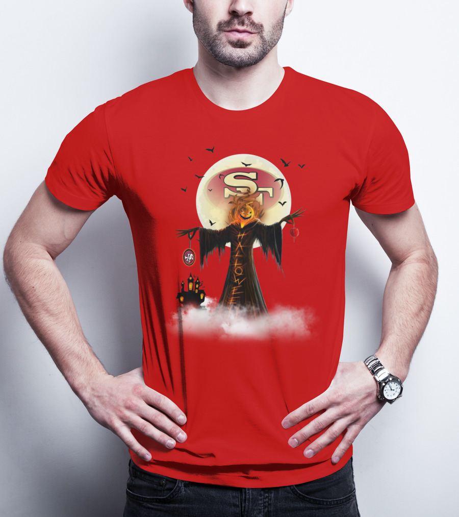 Halloween Scarecrow With Sf Logo And Haunted Castle T-Shirt