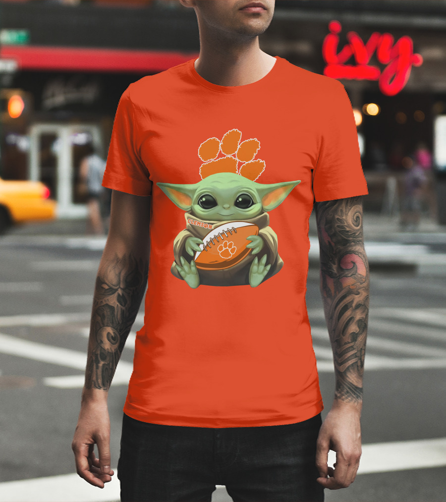 Clemson Orange Paw Baby Yoda Football T-Shirt
