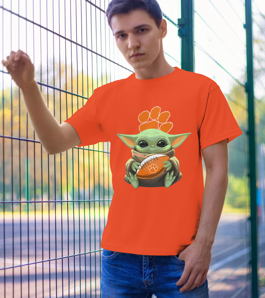 Clemson Orange Paw Baby Yoda Football T-Shirt