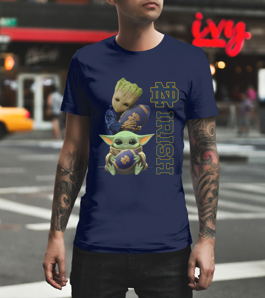 Notre Dame Irish Baby Groot And Baby Yoda Football T-Shirt
