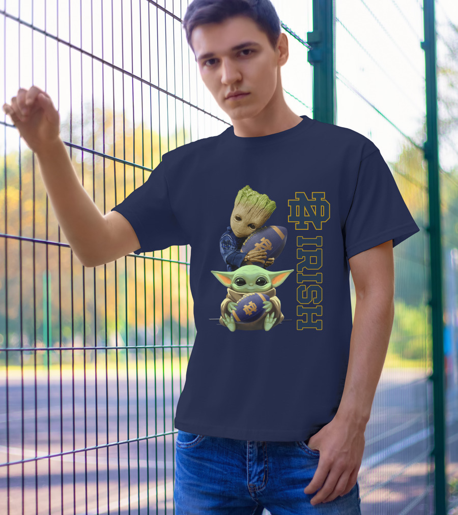 Notre Dame Irish Baby Groot And Baby Yoda Football T-Shirt