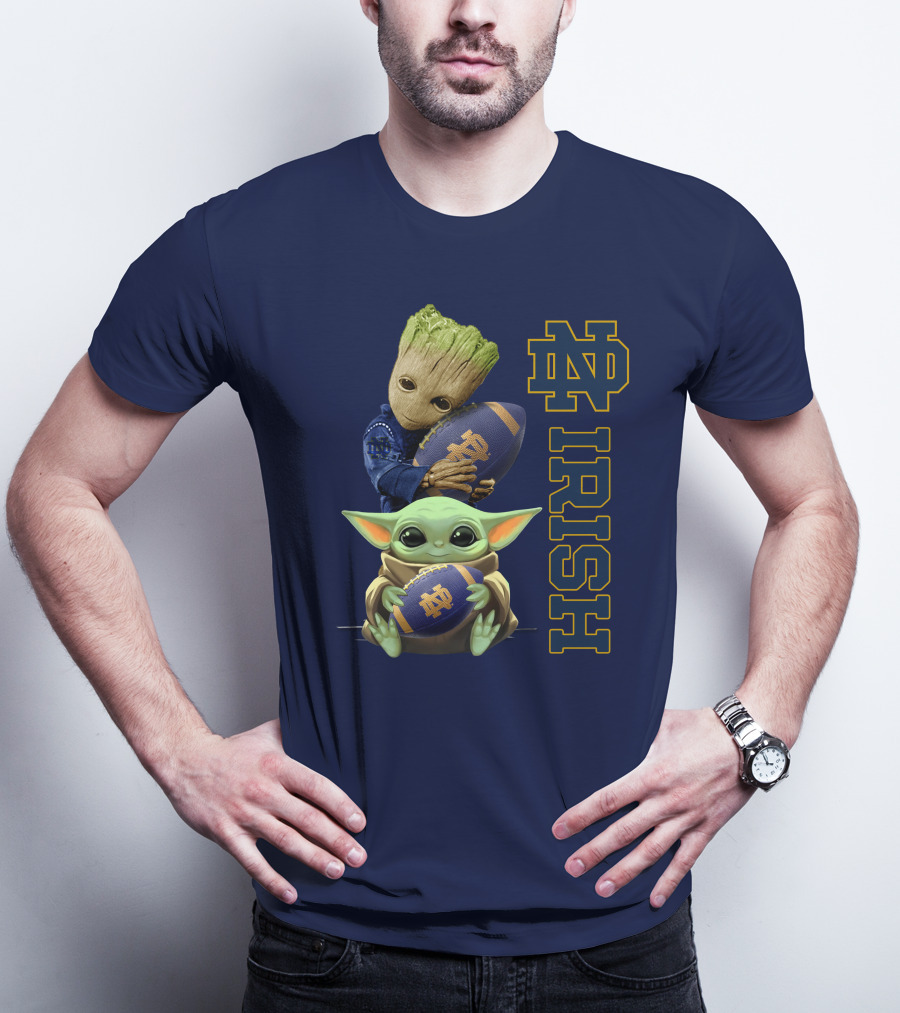 Notre Dame Irish Baby Groot And Baby Yoda Football T-Shirt