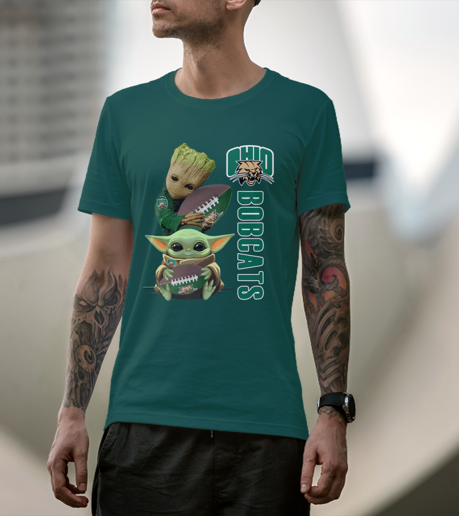 Ohio Bobcats Grogu And Groot Football T-Shirt