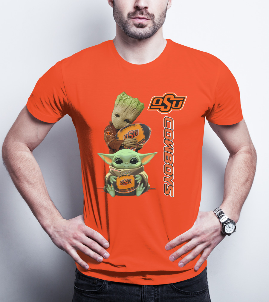 Osu Cowboys Groot And Baby Yoda Hugging Football T-Shirt
