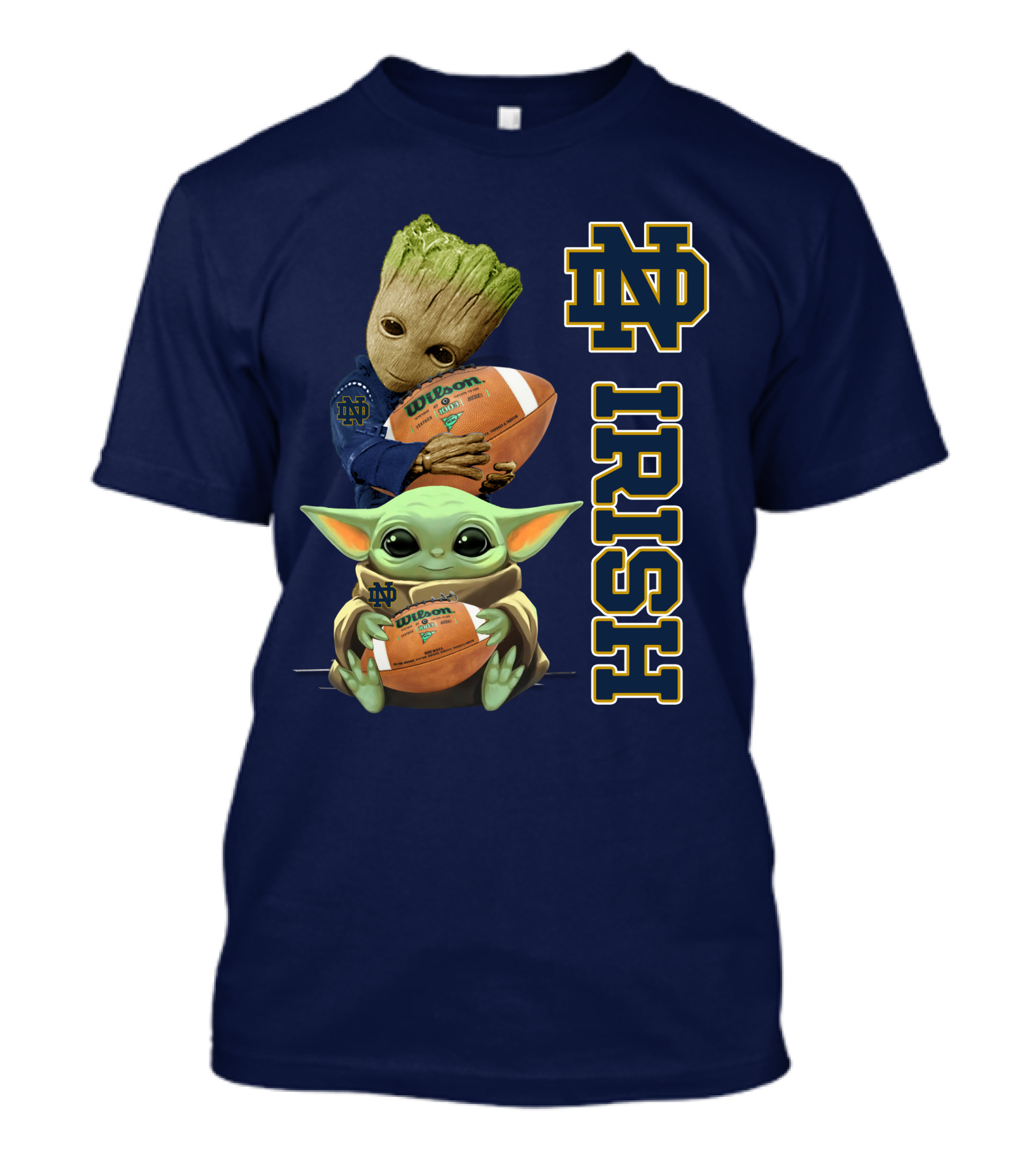 Notre Dame Irish Groot And Baby Yoda Holding Wilson Football T-Shirt