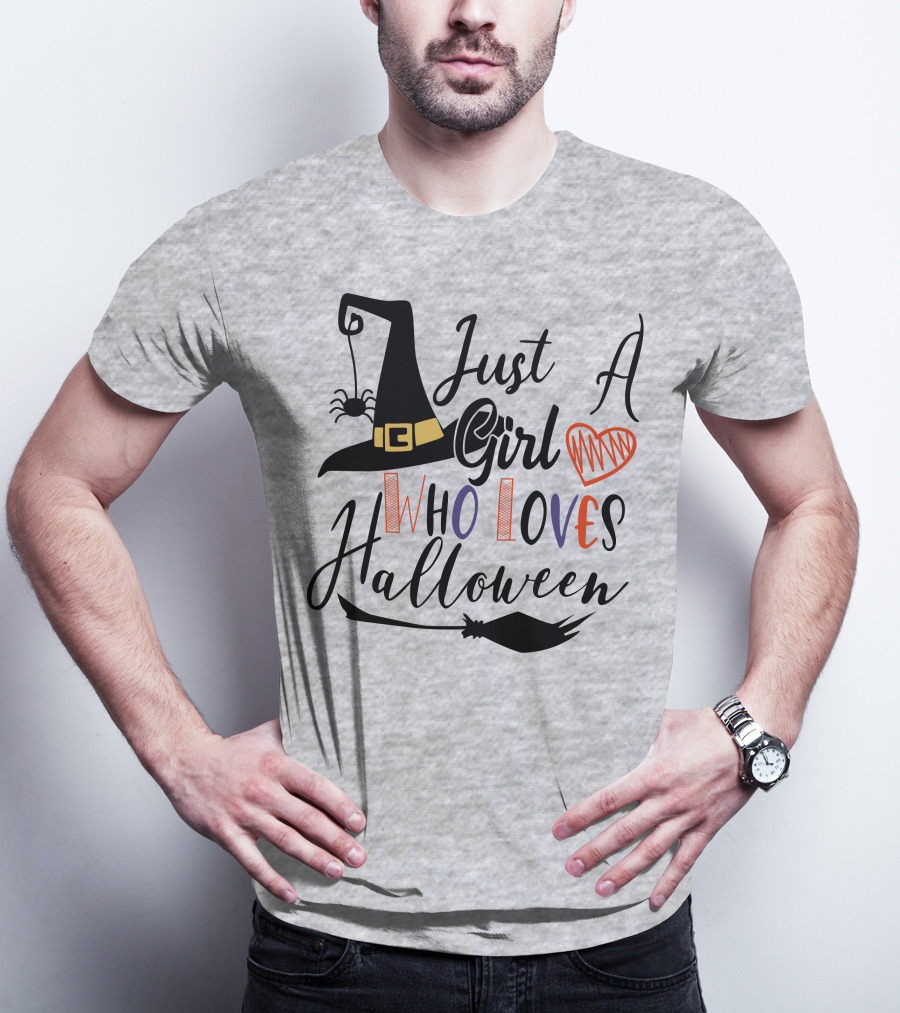 Just A Girl Who Loves Halloween Witch Hat And Broom With Spider And Heart T-Shirt