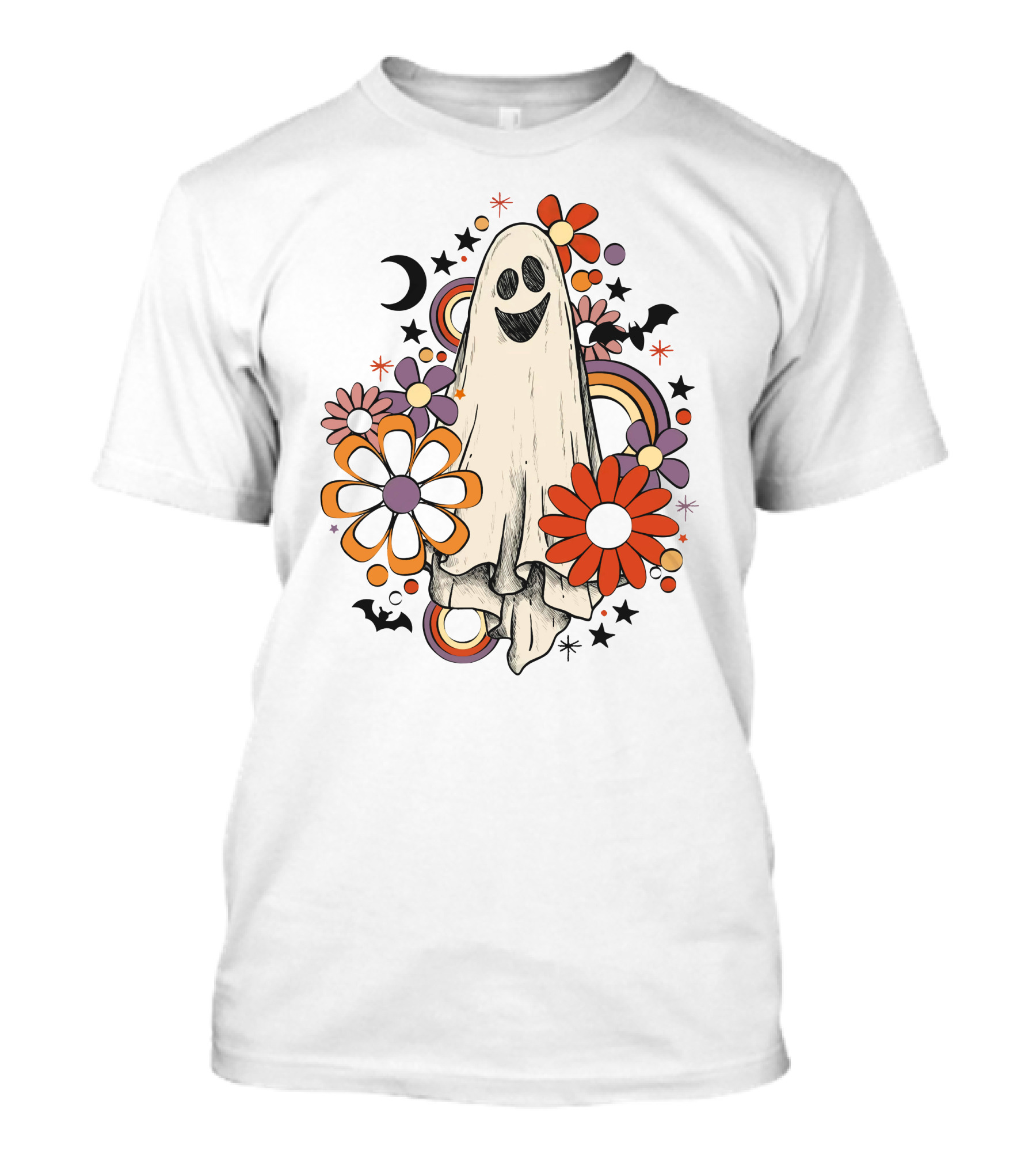 Retro Halloween Ghost With Flowers And Bats T-Shirt