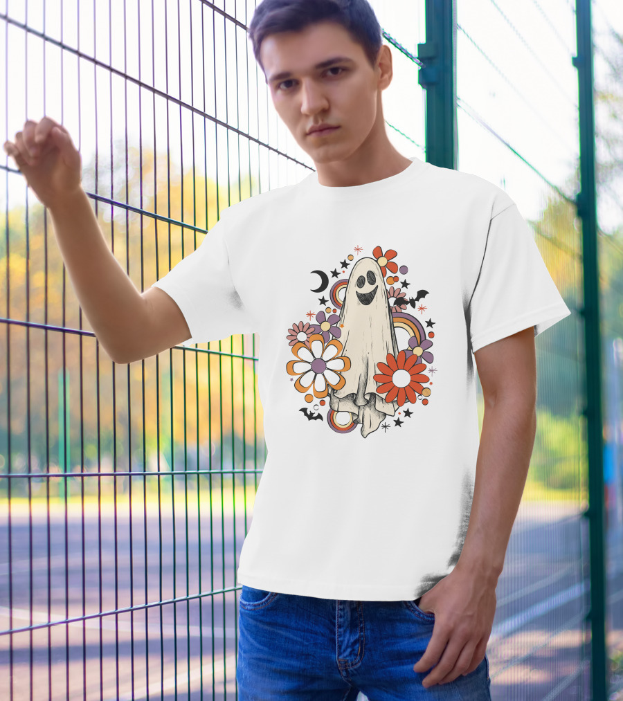 Retro Halloween Ghost With Flowers And Bats T-Shirt