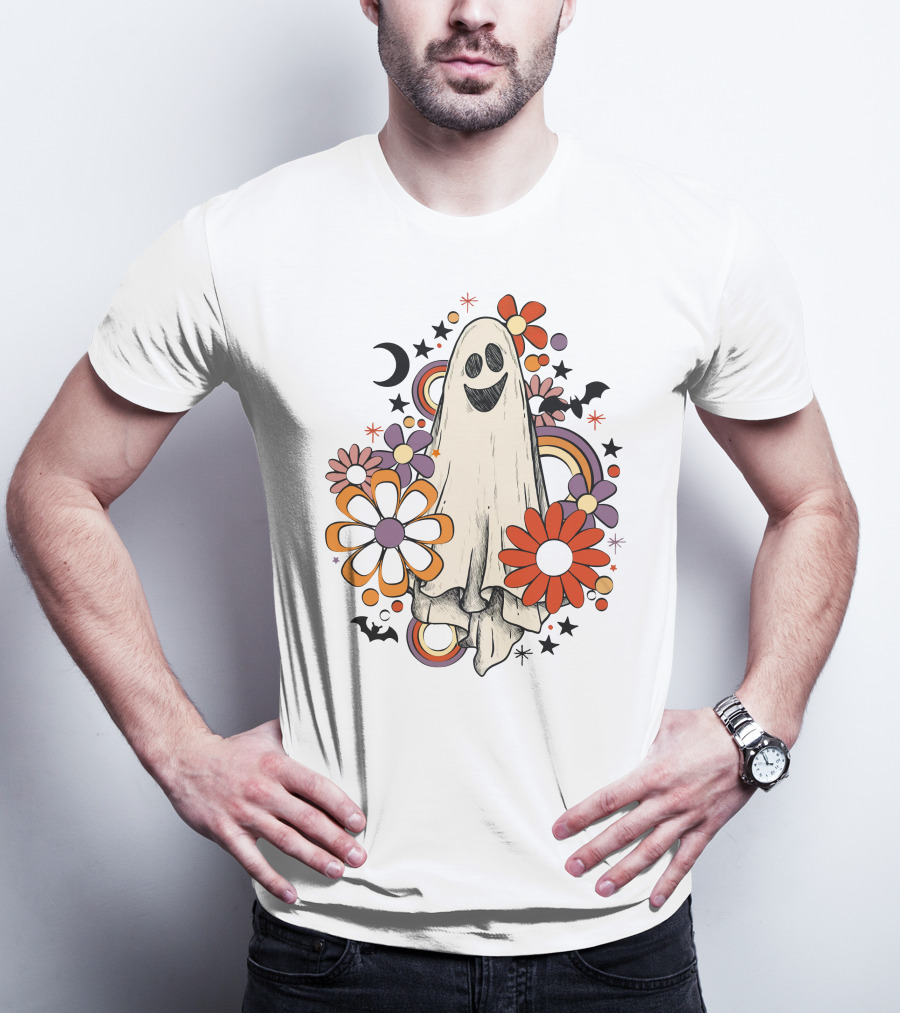 Retro Halloween Ghost With Flowers And Bats T-Shirt
