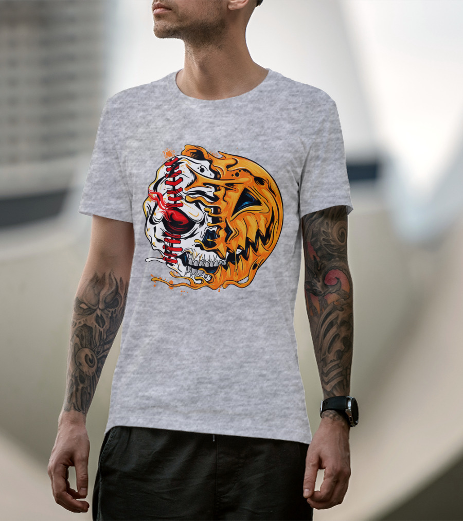 Baseball Pumpkin Skull Halloween Fusion T-Shirt