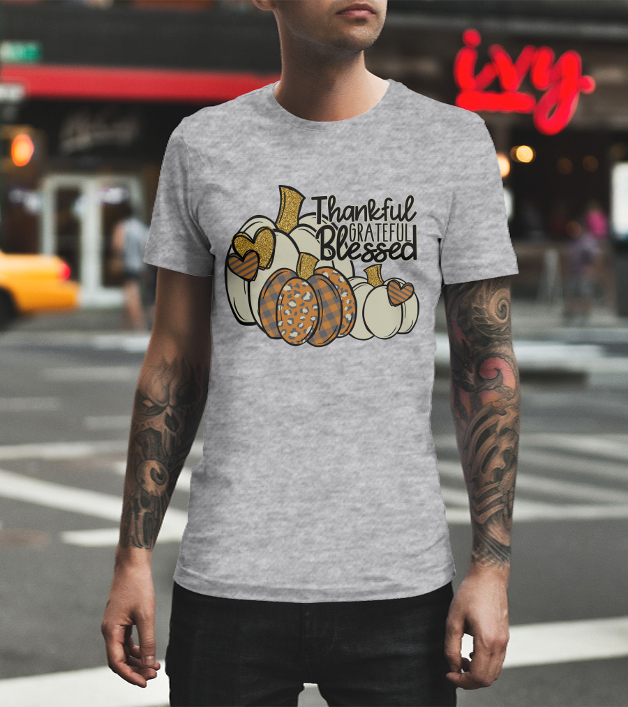 Thankful Grateful Blessed Leopard Pumpkin Thanksgiving T-Shirt