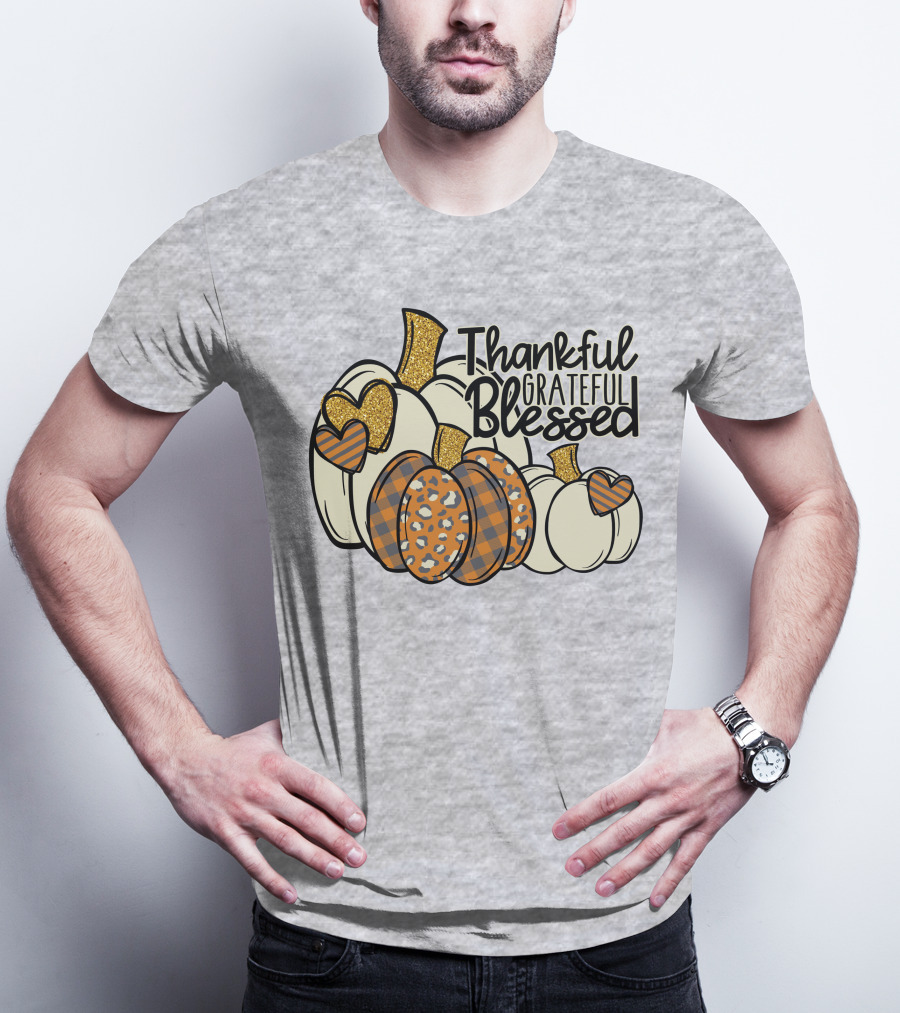 Thankful Grateful Blessed Leopard Pumpkin Thanksgiving T-Shirt