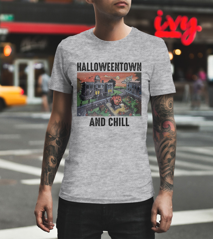 Halloweentown And Chill Spooky Town Scene With Lit Pumpkin Statue T-Shirt