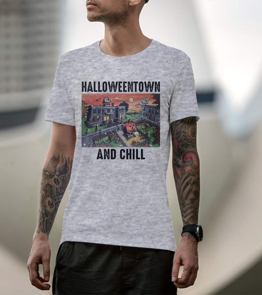 Halloweentown And Chill Spooky Town Scene With Lit Pumpkin Statue T-Shirt