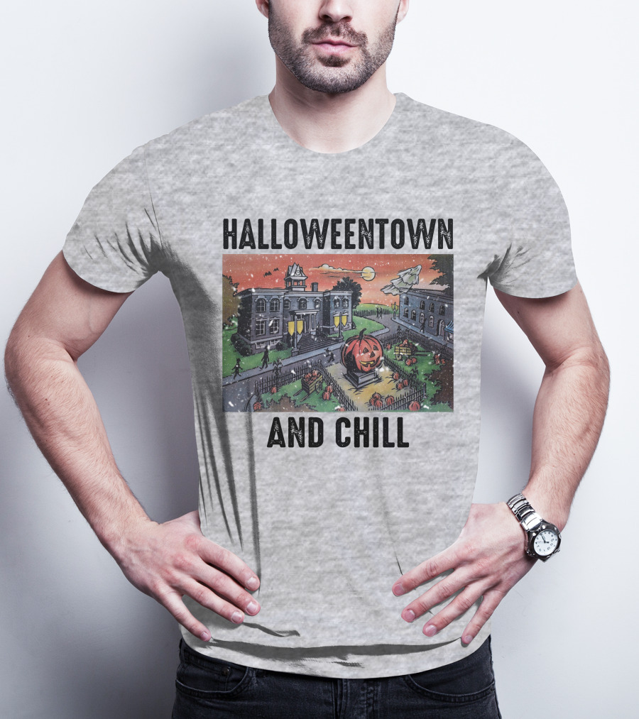 Halloweentown And Chill Spooky Town Scene With Lit Pumpkin Statue T-Shirt