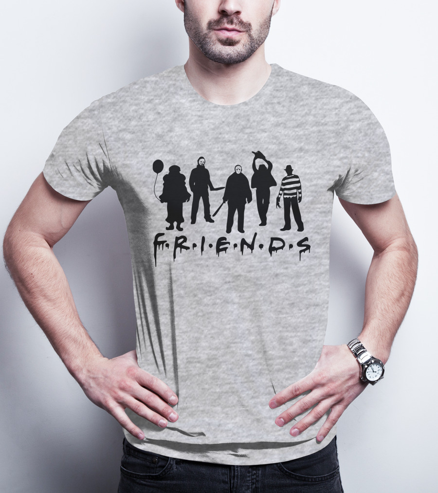 F.R.I.E.N.D.S Halloween Horror Movie Characters With Balloon And Stripes T-Shirt