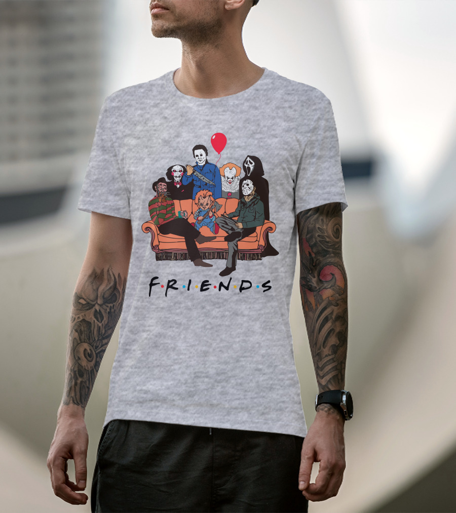 Famous Horror Movie Killers Characters Friends Sitting On Couch With Red Balloon T-Shirt