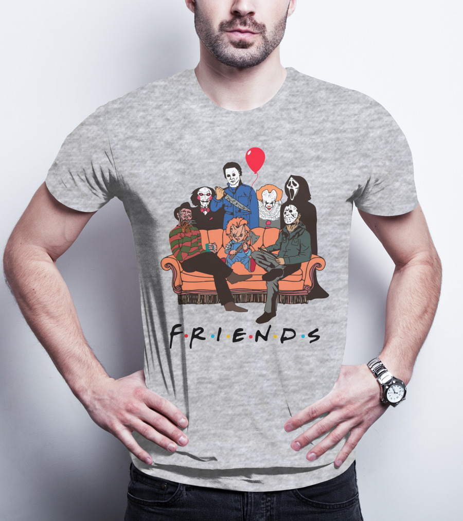 Famous Horror Movie Killers Characters Friends Sitting On Couch With Red Balloon T-Shirt