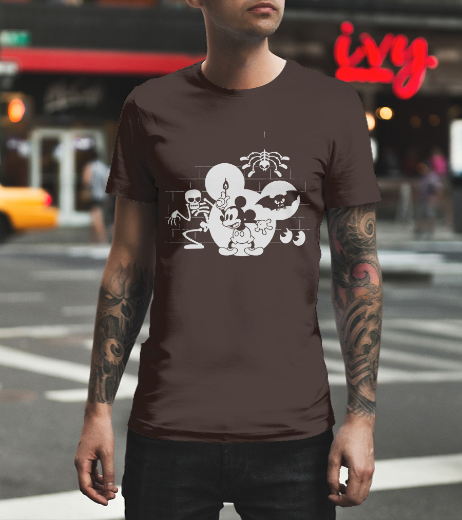 Mickey Mouse Haunted Halloween Mansion With Skeleton And Bat T-Shirt