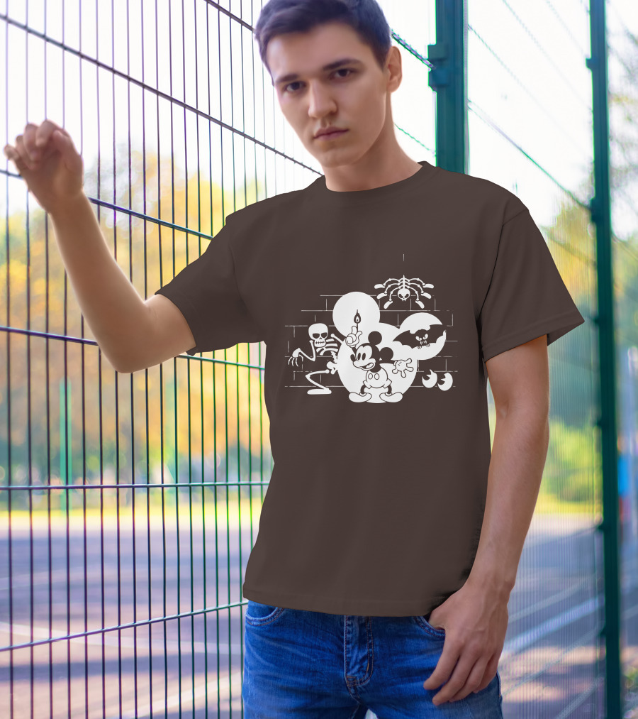 Mickey Mouse Haunted Halloween Mansion With Skeleton And Bat T-Shirt