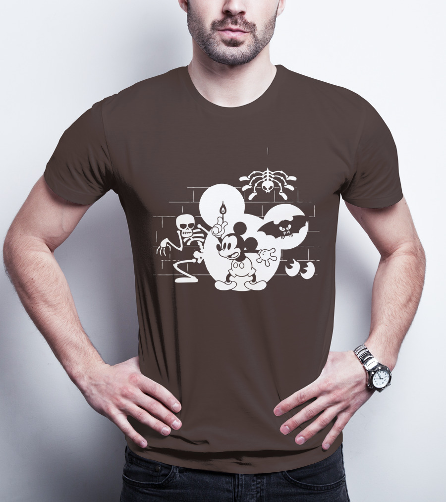 Mickey Mouse Haunted Halloween Mansion With Skeleton And Bat T-Shirt