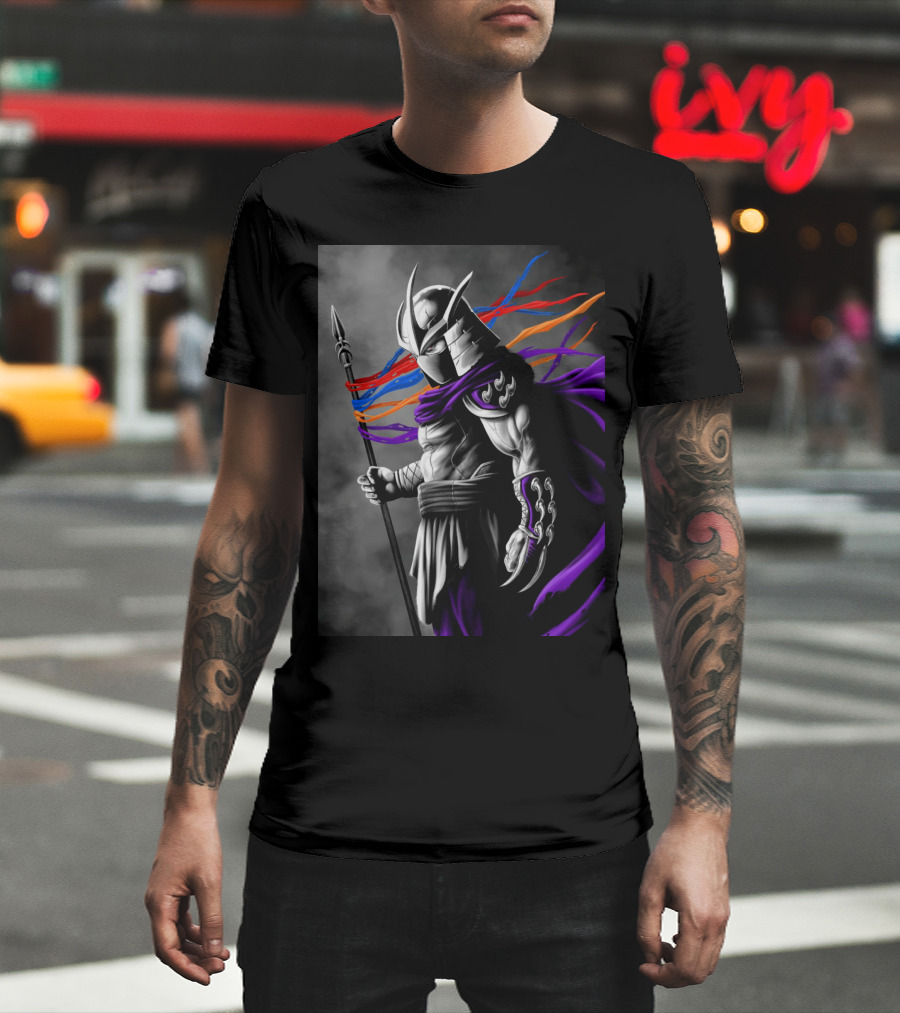 Shredder Villain With Spear And Flowing Cape In Colorful Ribbons T-Shirt