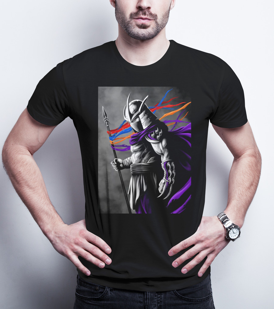 Shredder Villain With Spear And Flowing Cape In Colorful Ribbons T-Shirt