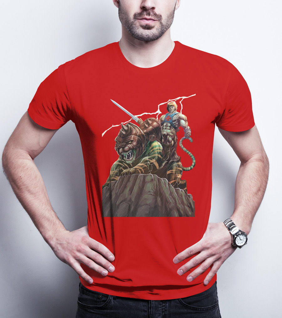 He-Man Masters Of The Universe Sword And Battle Cat On Rock With Lightning T-Shirt