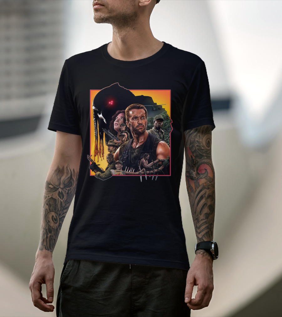 Predator Movie Characters And Jungle Battle Scene T-Shirt