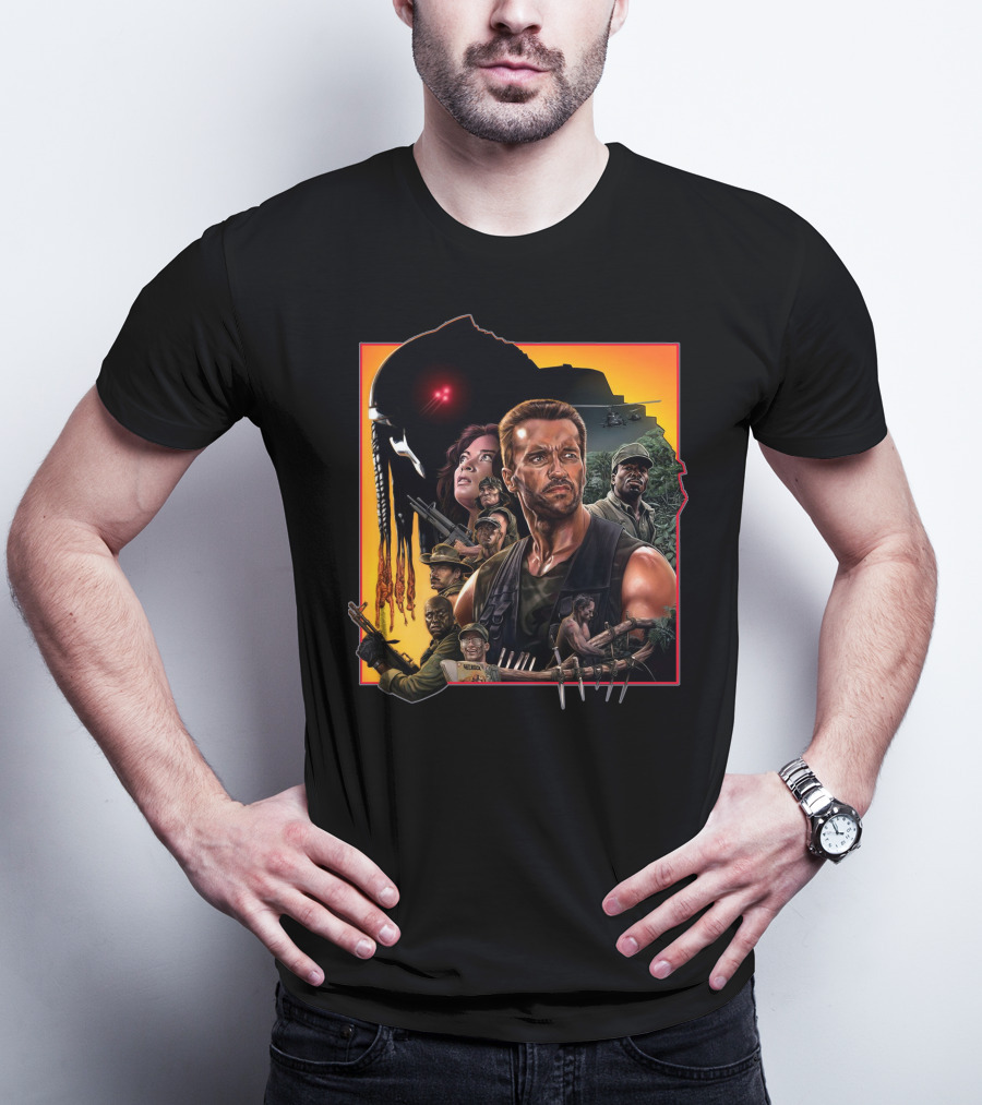 Predator Movie Characters And Jungle Battle Scene T-Shirt