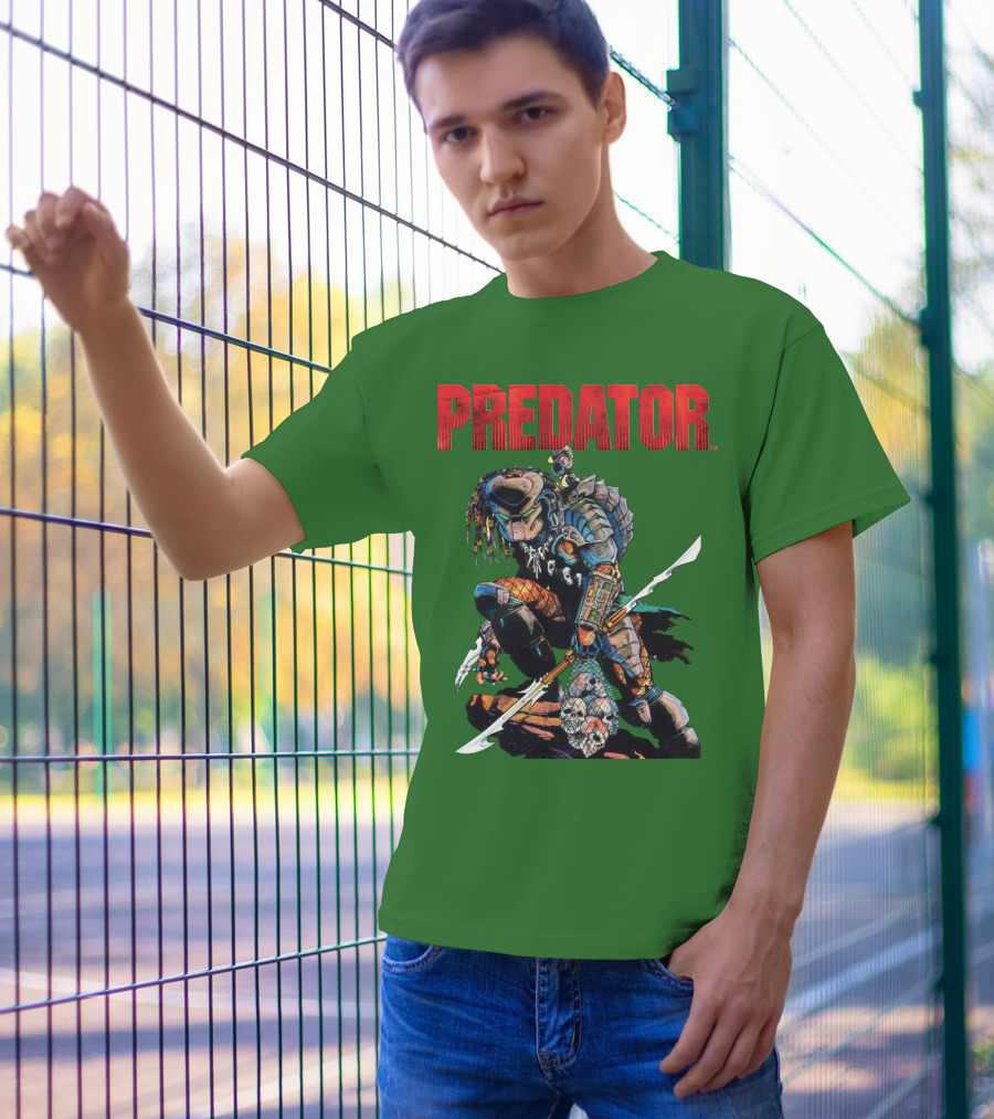 Predator Armored Warrior Kneeling With Blade And Skull Trophy T-Shirt