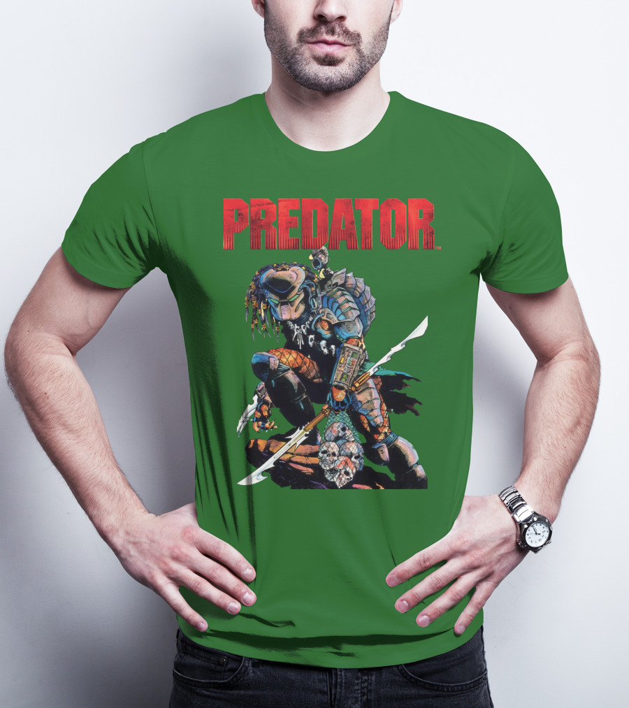 Predator Armored Warrior Kneeling With Blade And Skull Trophy T-Shirt