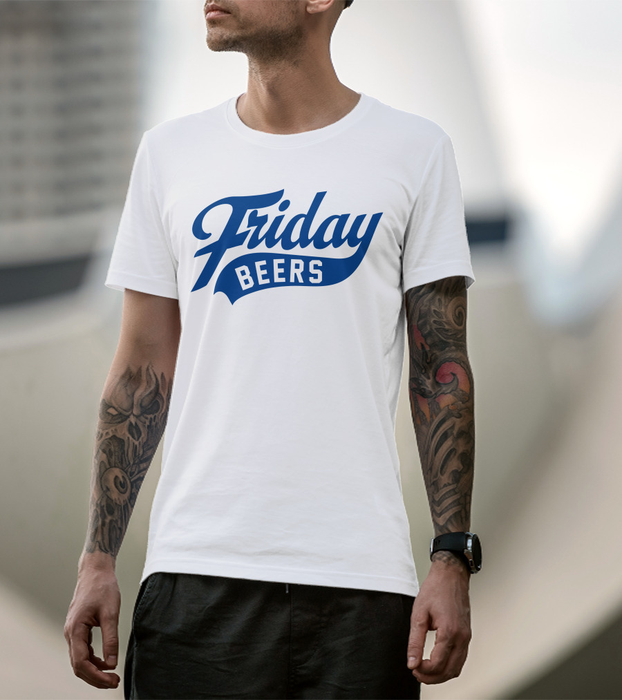 Friday Beers Signature White Logo Blue Text T-Shirt